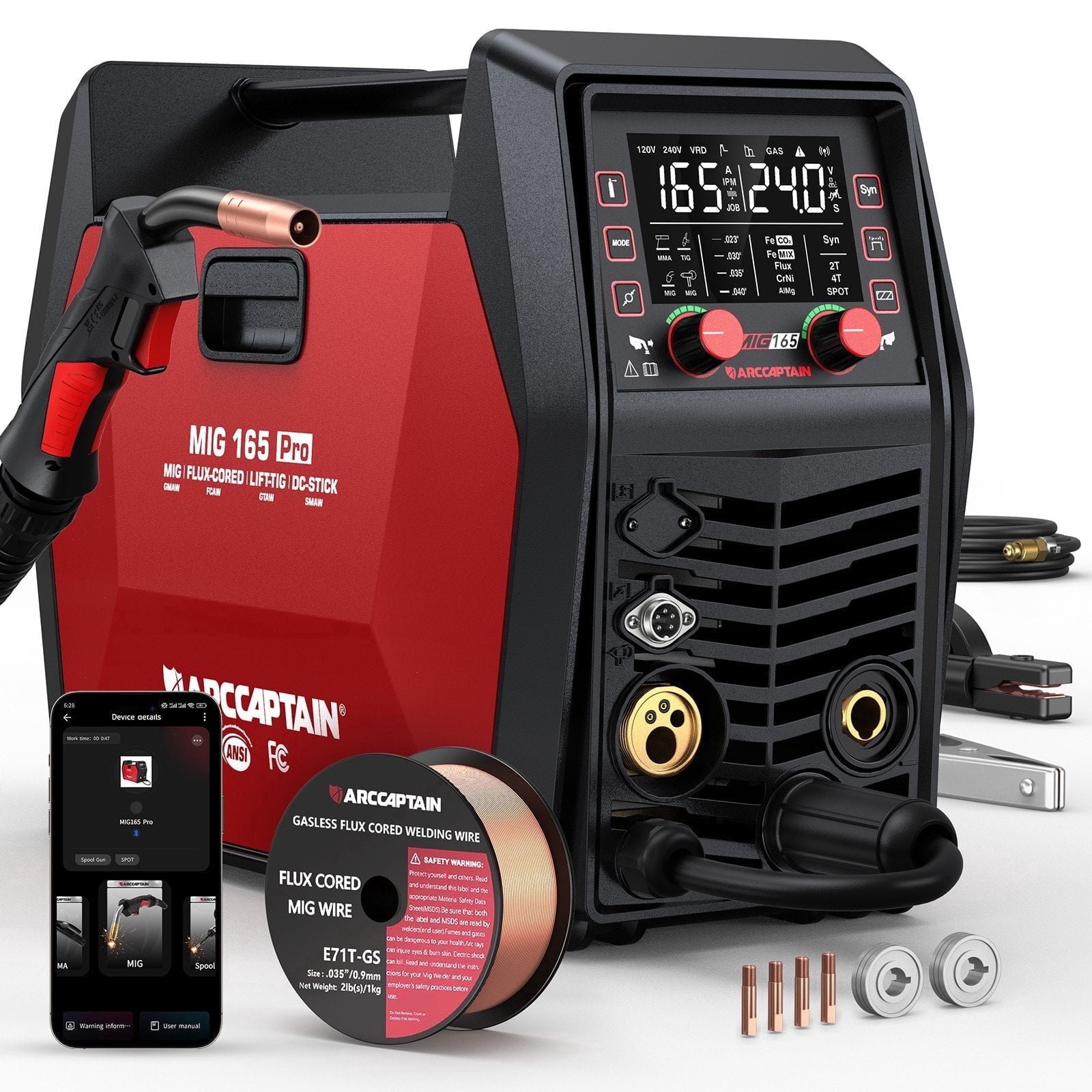 ARCCAPTAIN 6-in-1 MIG Welder 165A with Synergic Control, Lift TIG & MMA ...