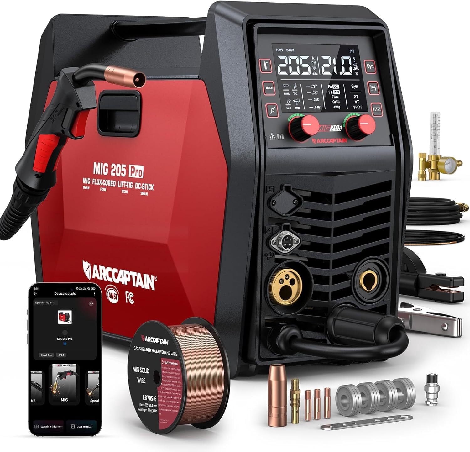 ARCCAPTAIN 205A Multi-Process MIG Welder, 6 in 1 Gas MIG/Gasless Flux ...