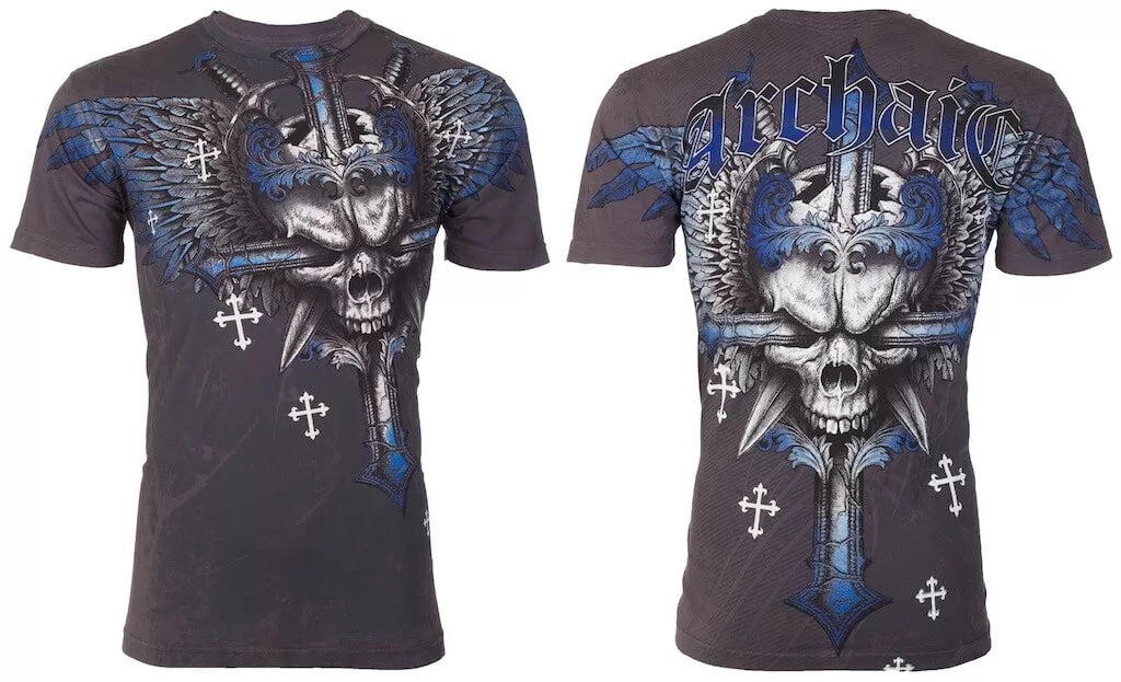 ARCHAIC by AFFLICTION Charcoal GRAVE KILLER Short Sleeve Slim Fit Y2K T ...