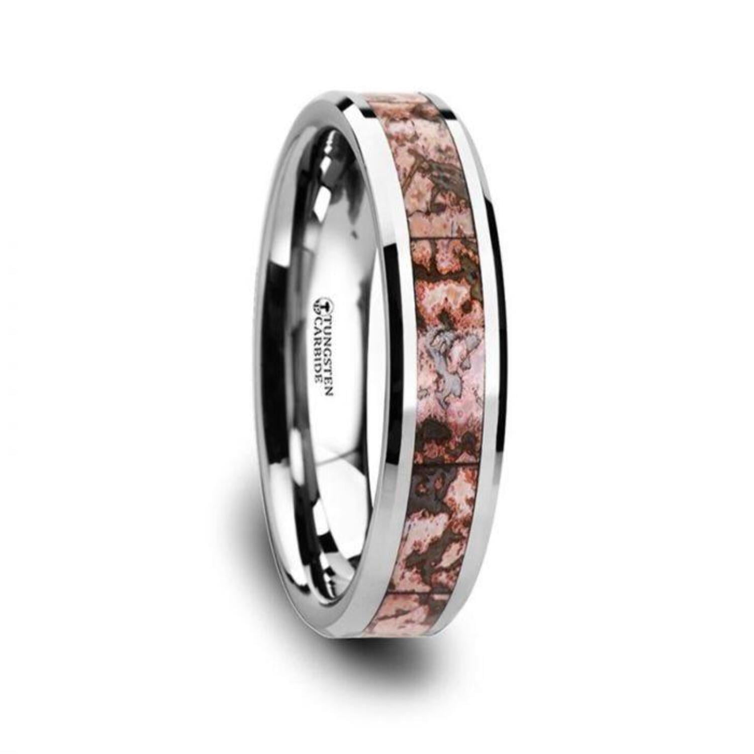ARCHEAN Pink Dinosaur Bone Inlaid Tungsten Carbide Beveled Edged Ring ...