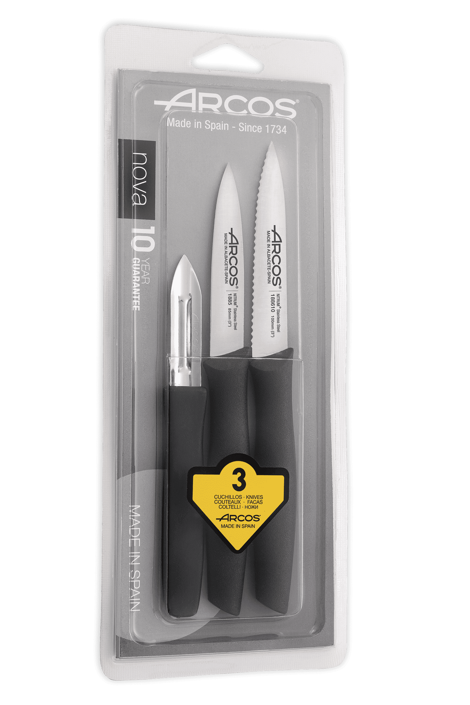 ARCOS 3pc Paring Knife Set, Stainless Steel, Ergonomic Handle, Nova ...