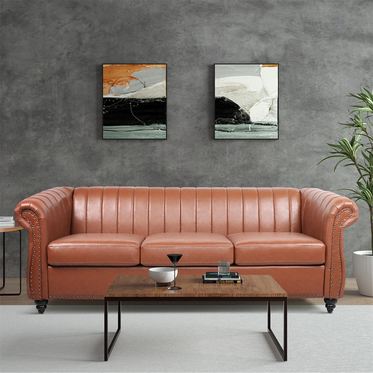 ARCTICSCORPION 84" Brown PU Rolled Arm Chesterfield Three Seater Sofa ...