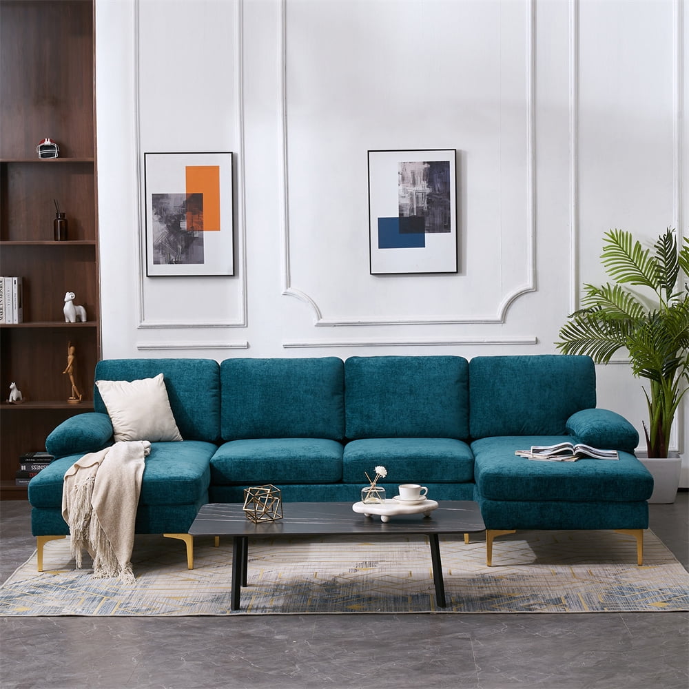 ARCTICSCORPION Chenille Sectional Sofa with Double Chaise Lounge, Blue ...