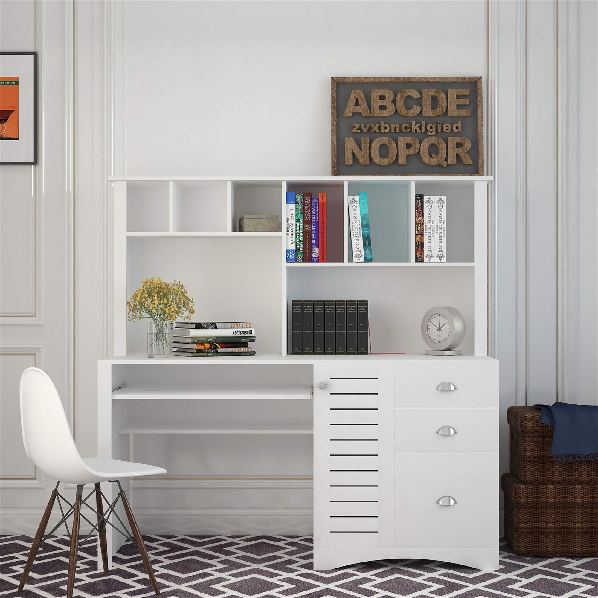 ARCTICSCORPION Home Office Desk with Hutch, Drawers & Bookshelf, White ...