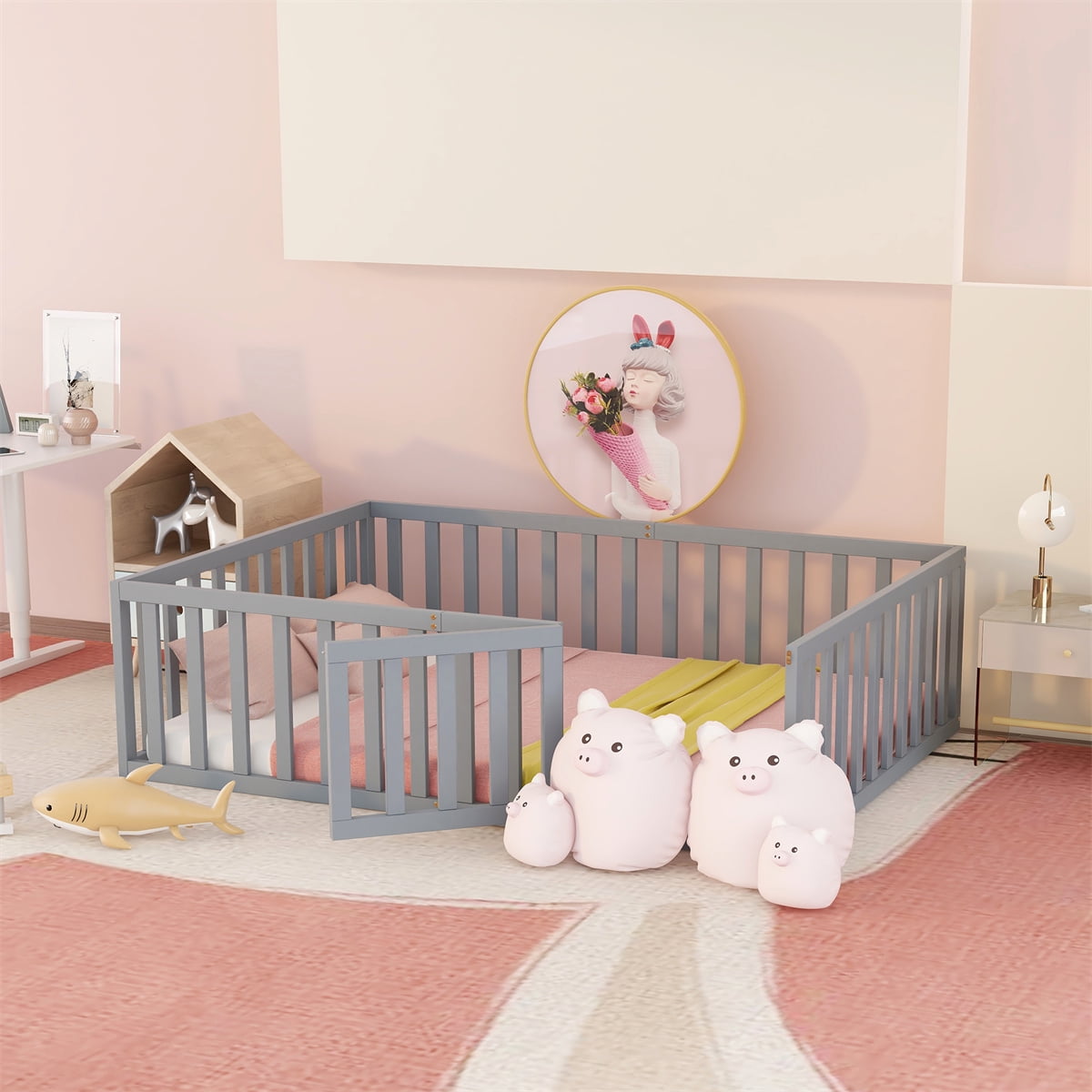 ARCTICSCORPION Full Size Wood Floor Bed Frame with Fence and Door ...