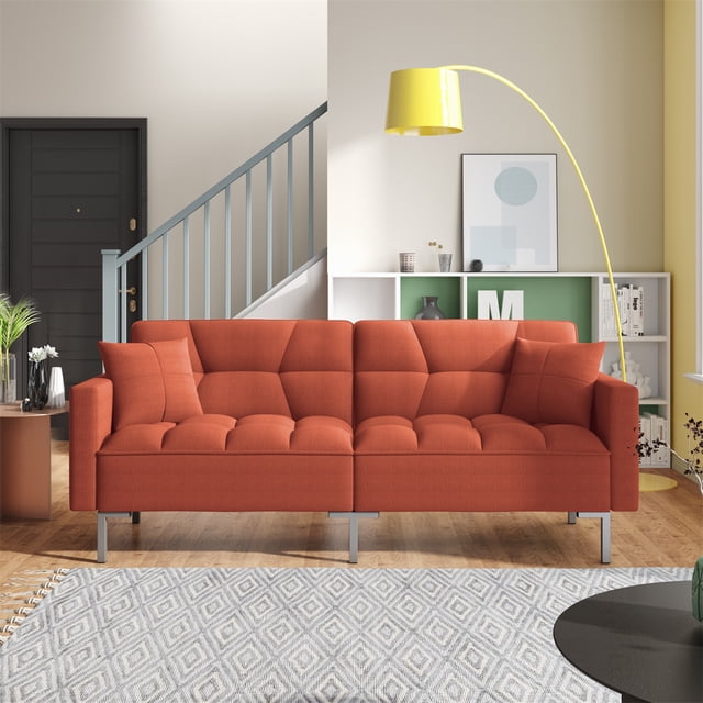 ARCTICSCORPION Modern Linen Tufted Sleeper Sofa with Pillows, Orange ...