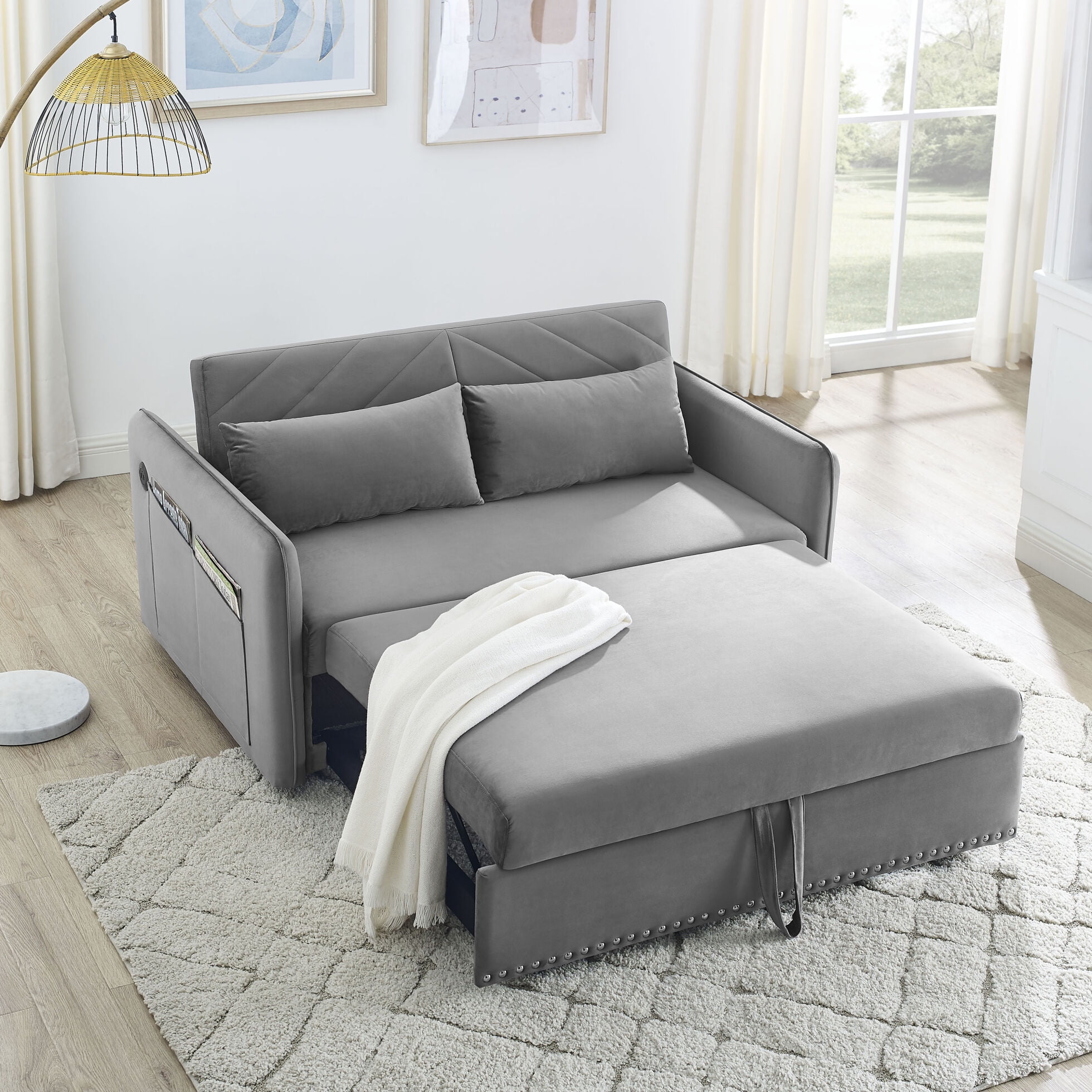 "55"" Velvet 3-in-1 Convertible Sleeper Sofa Bed with USB Port ...