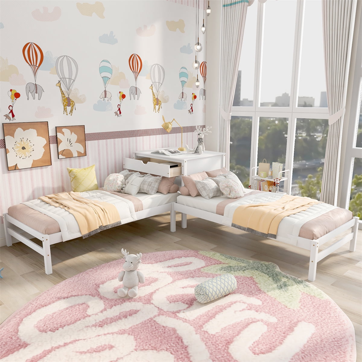 ARCTICSCORPION Twin Size L-Shaped Platform Beds with Linked with Built ...