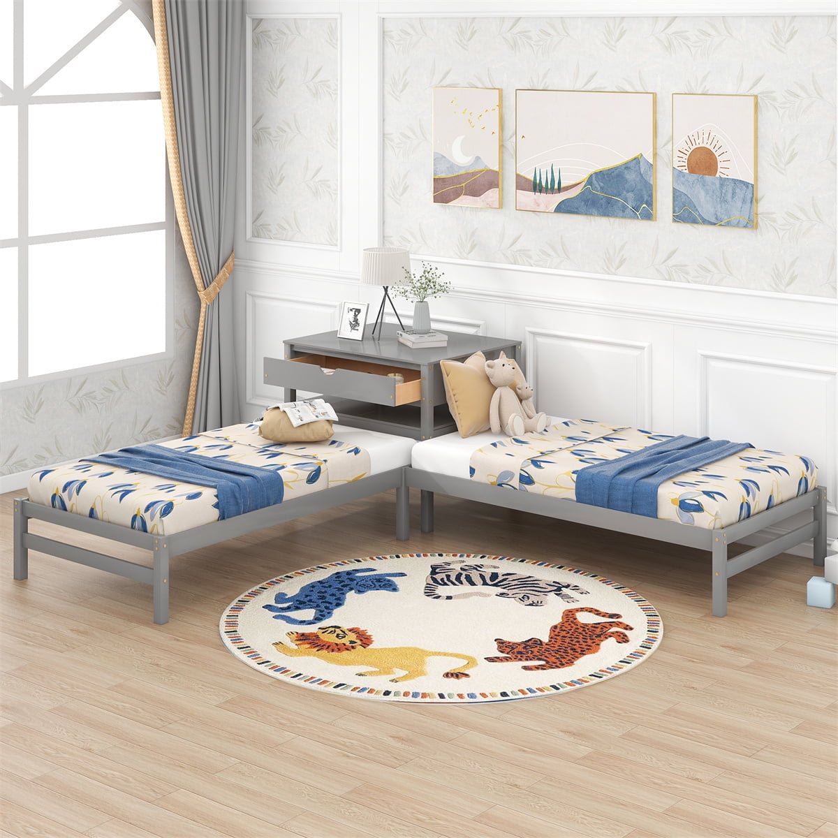 ARCTICSCORPION Twin Size L-Shaped Platform Beds with Linked with Built ...