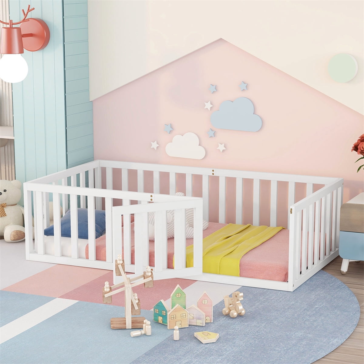 ARCTICSCORPION Twin Size Wood Floor Bed Frame with Fence and Door ...