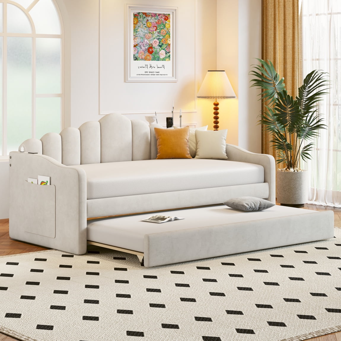 ARCTICSCORPION Velvet Twin Size Upholstered Sofa Bed, Beige, USB Ports ...