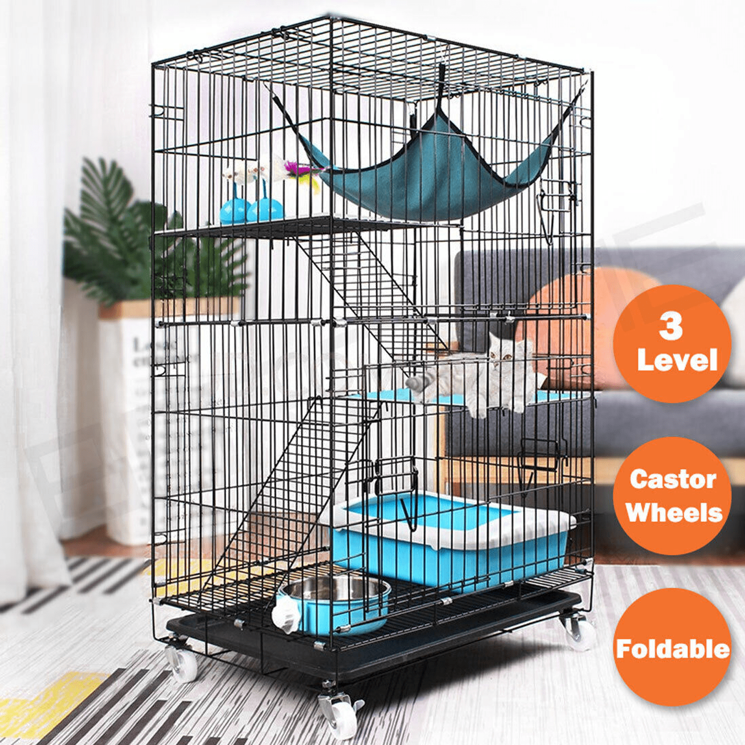 BESTSLE Large 3-Tier Indoor Kitty Cage, Cat Kennel with 3 Doors ...