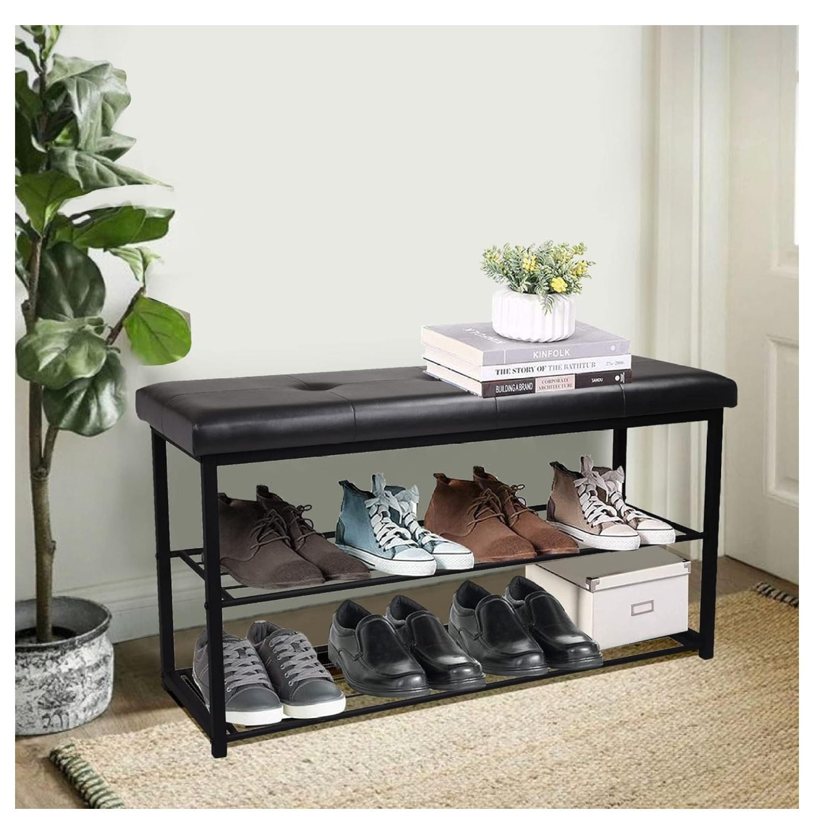 ARDOUR VAN 3-Tier Black Entryway Shoe Rack Bench with Cushioned Faux ...