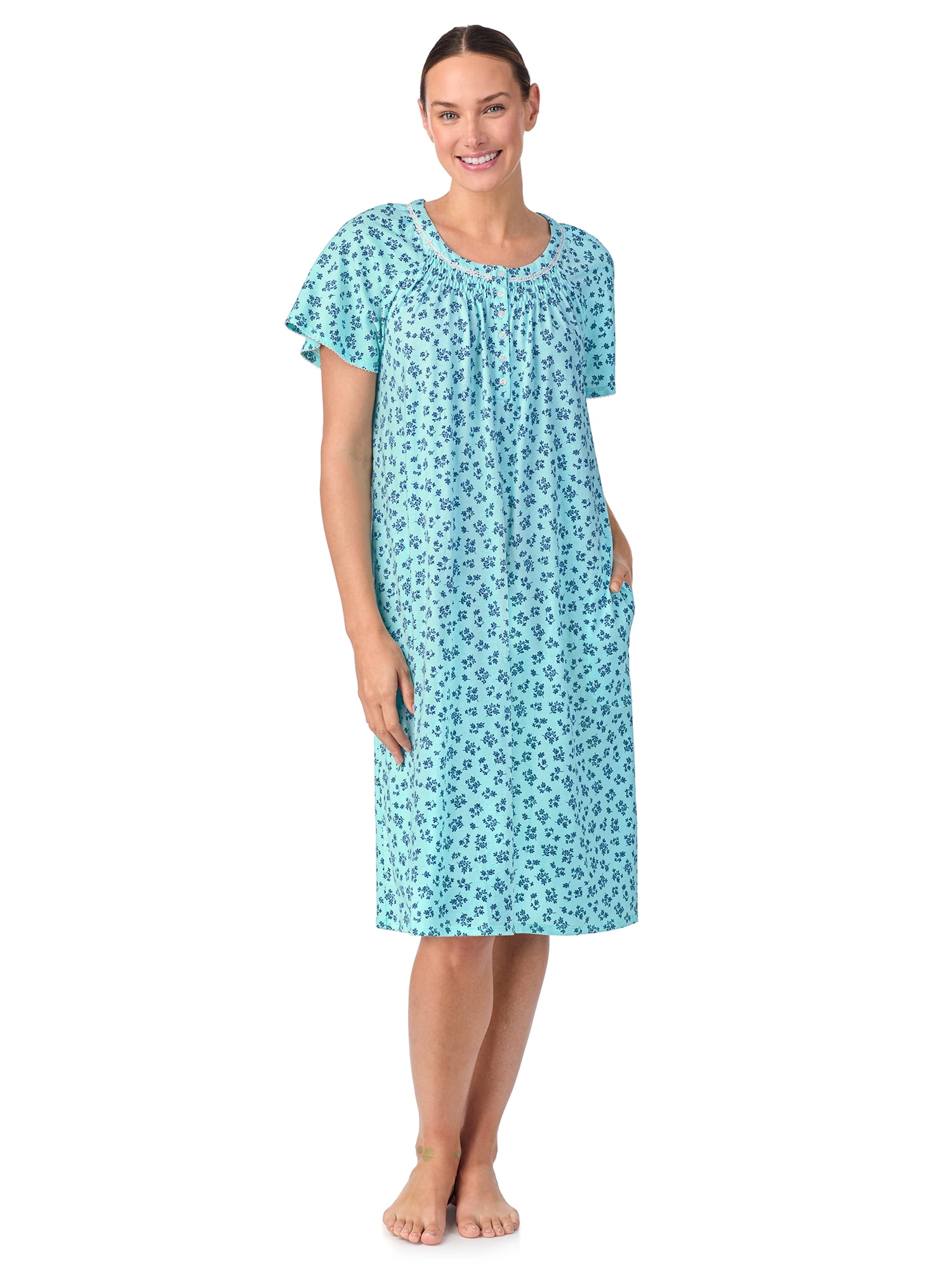 Aria 100% Cotton Raglan Sleeve Smocked Neck Sleepwear Gown, Sizes XS-5X ...