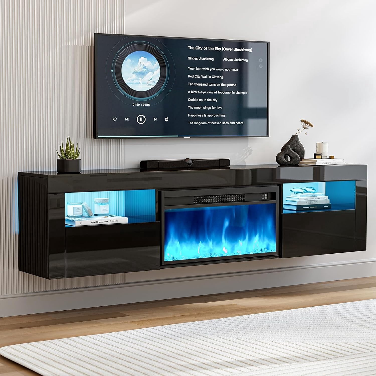 ARICOEASY Floating TV Stand with 28" Electric Fireplace, Modern Media ...
