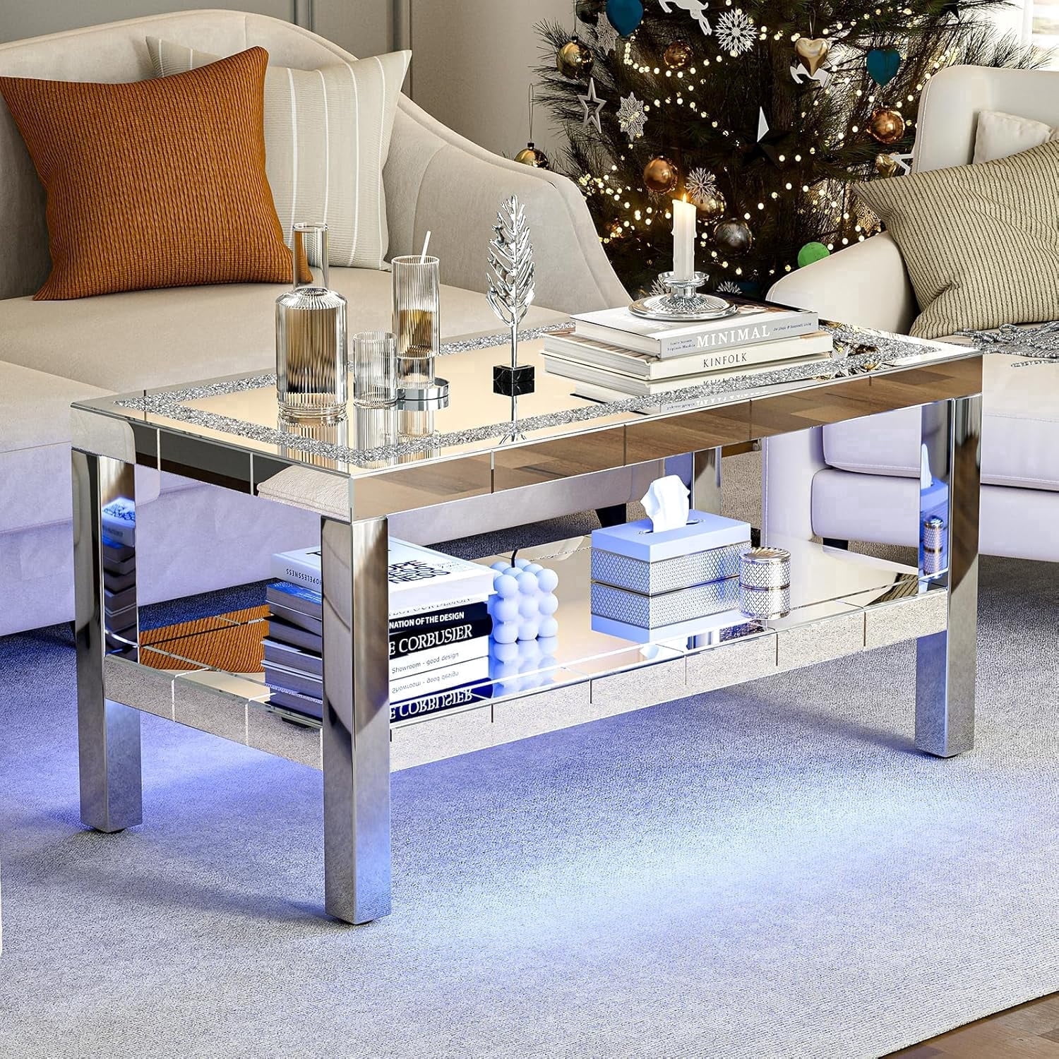 ARICOEASY Modern Mirrored and Crushed Diamond Finish Coffee Table with ...