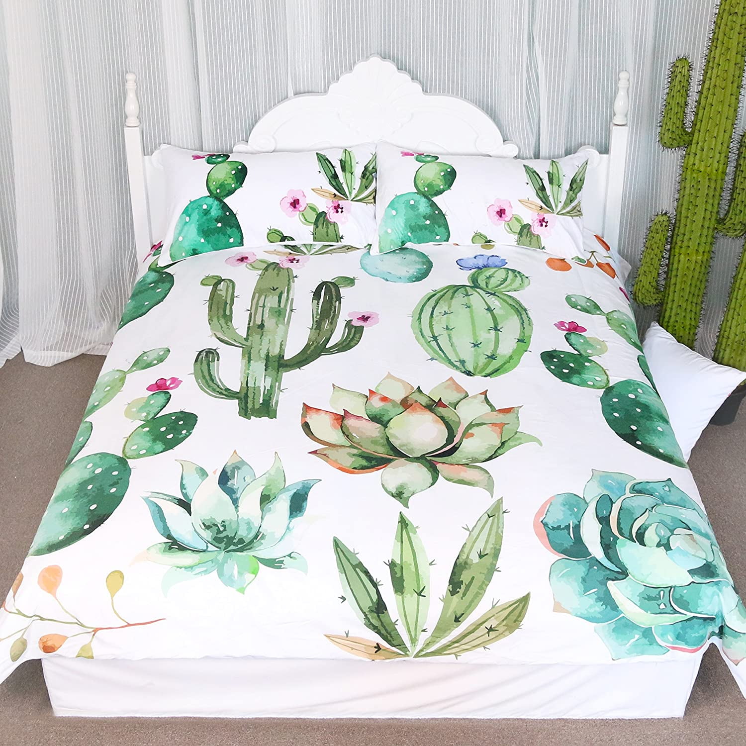 Bright Cactus Pattern Bedding Set Green Plants Cactus Print 3 Pieces ...