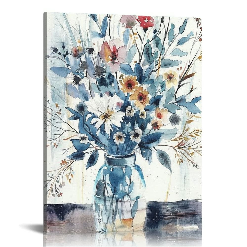 ARISTURING Abstract Flower Bouquet Wall Art: Gray Blue Floral in Jar ...