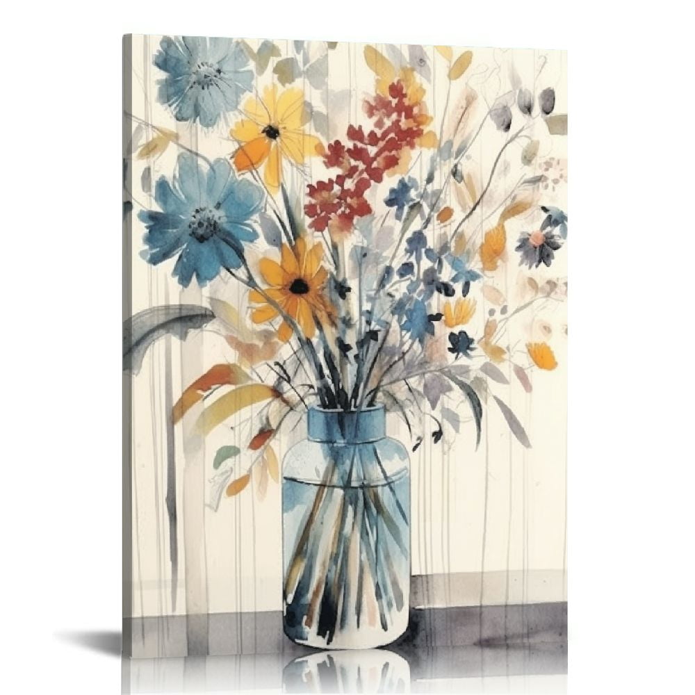 ARISTURING Abstract Flower Bouquet Wall Art: Gray Blue Floral in Jar ...