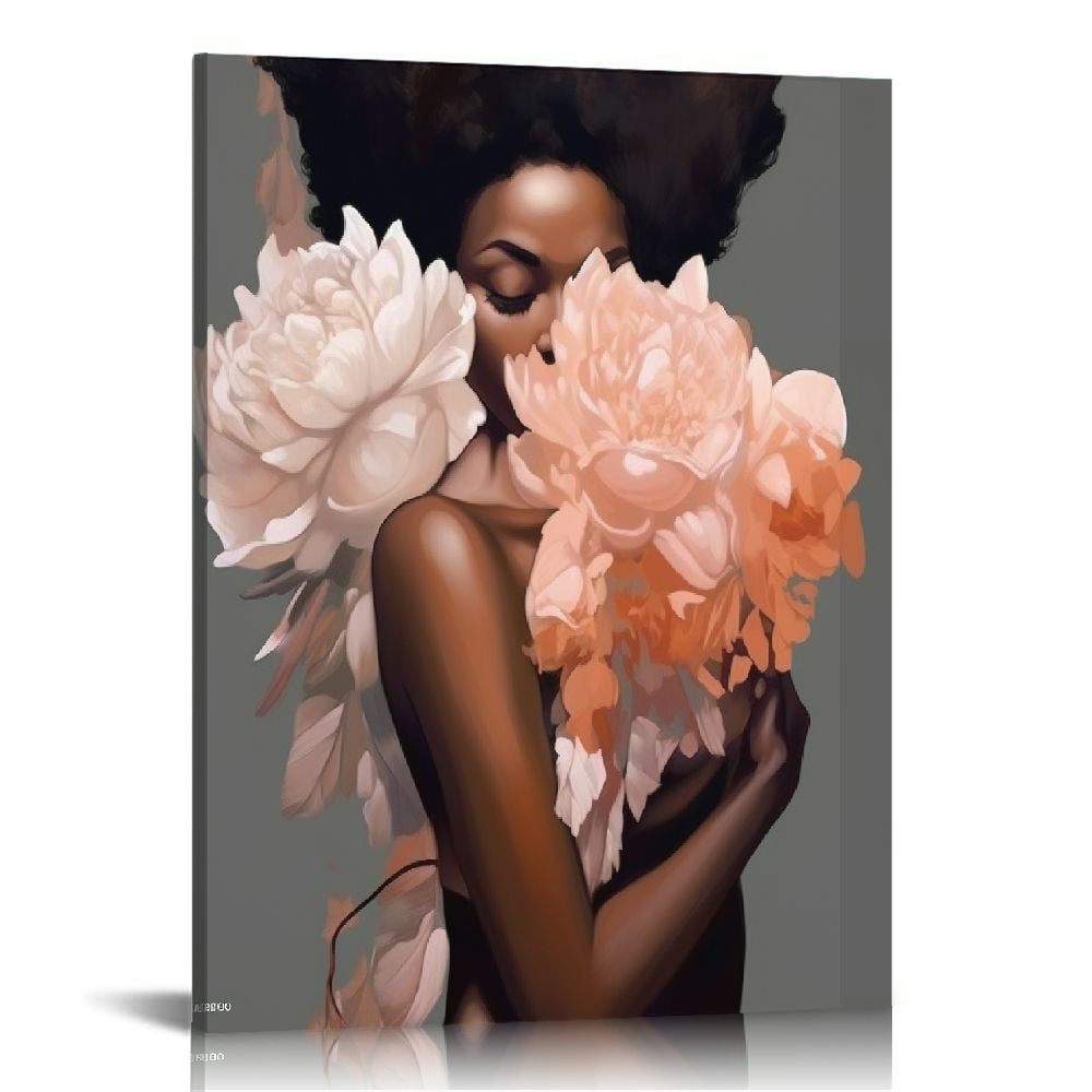 ARISTURING African American Wall Art Pink Flower on Black Women Head Vintage Canvas Art ...