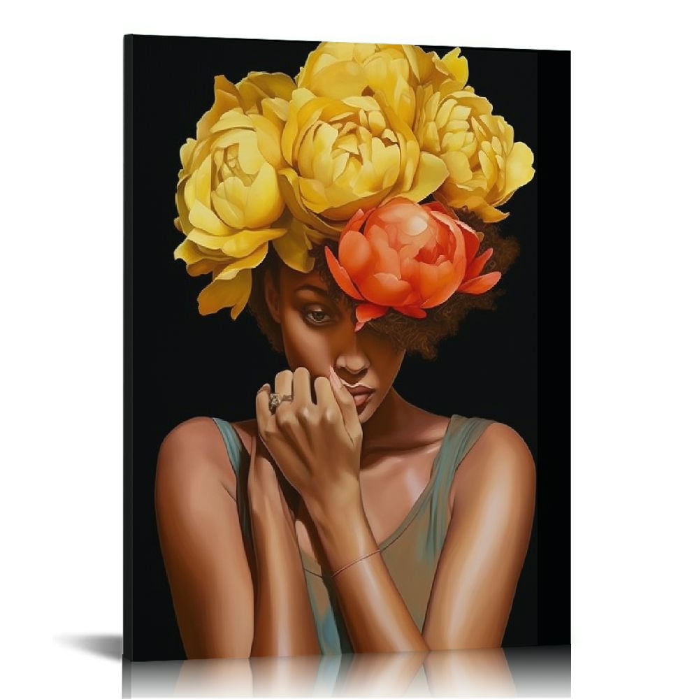 ARISTURING African American Wall Art Yellow Flower on Black Women Head Vintage Canvas Art ...