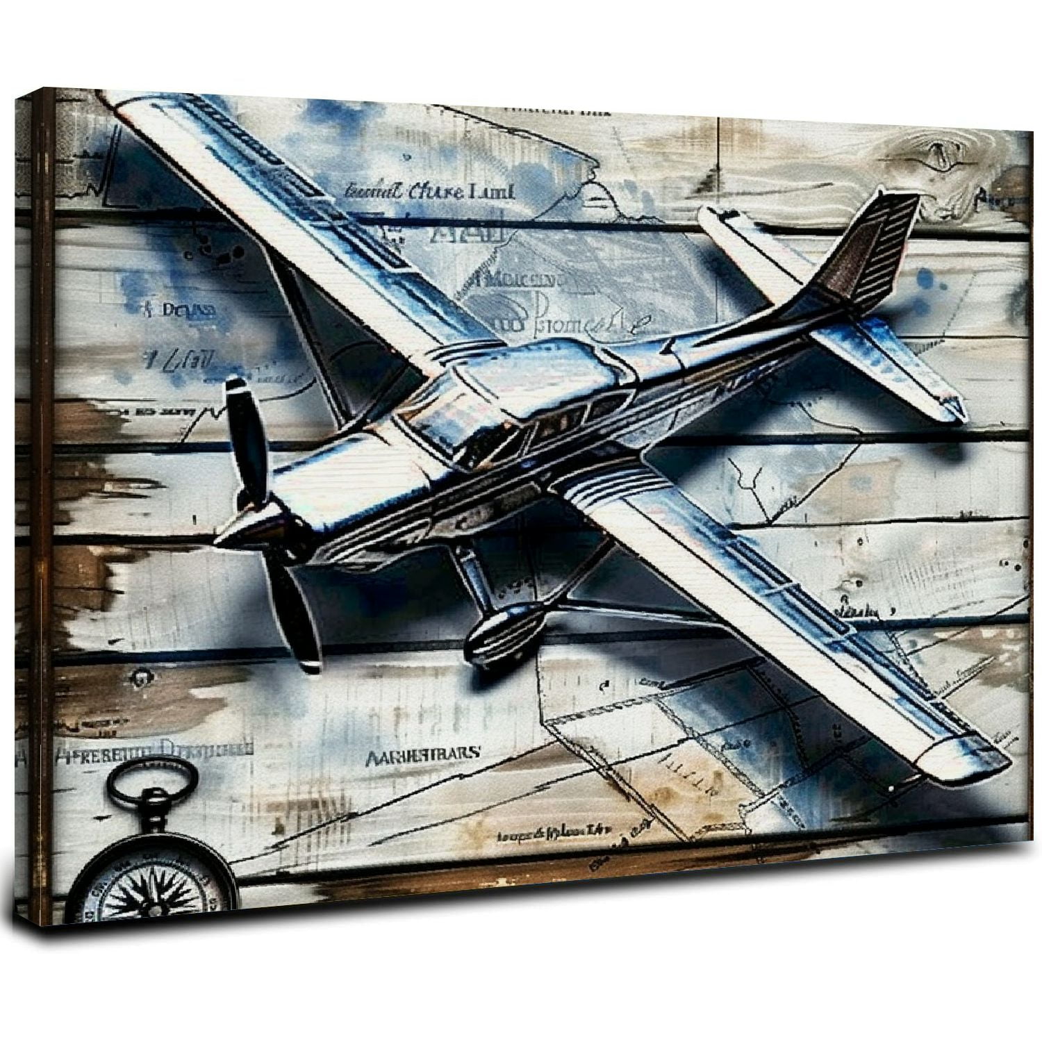 ARISTURING Airplane Canvas Picture Wall Art Navy Blue Propeller Plane ...