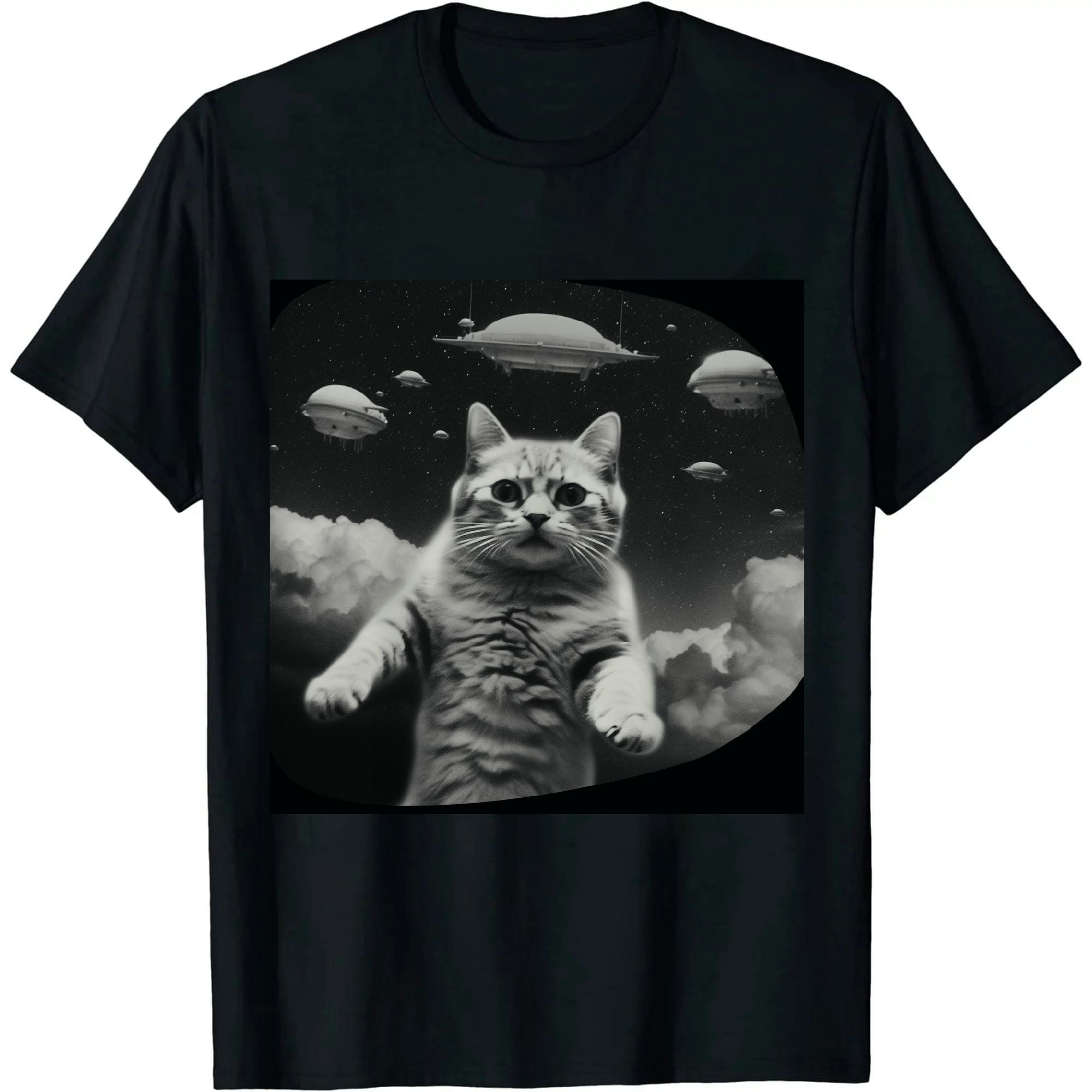 ARISTURING Alien Cat UFO T-Shirt - Classic Fit, Round Neck, Black ...