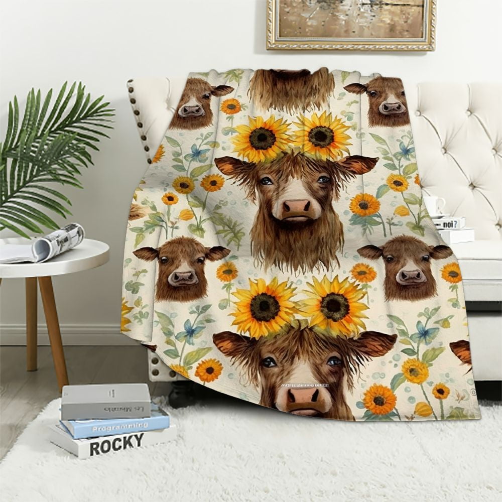 ARISTURING Animals Sunflower Highland Cow Print Blanket Lightweight ...