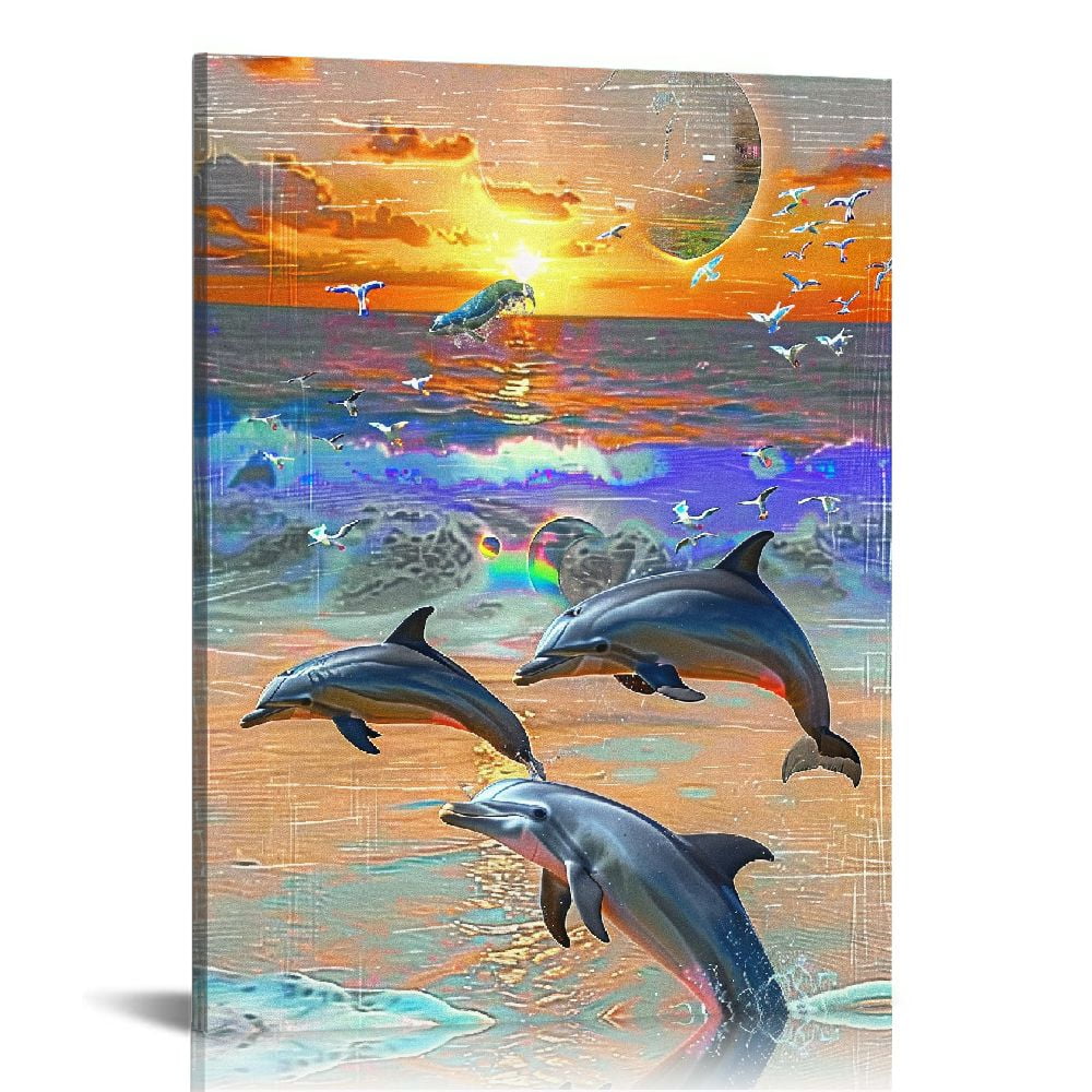 ARISTURING Beach Dolphins Bathroom Decor Wall Art Coastal Dolphin Sunrise Pictures Wall Decor ...