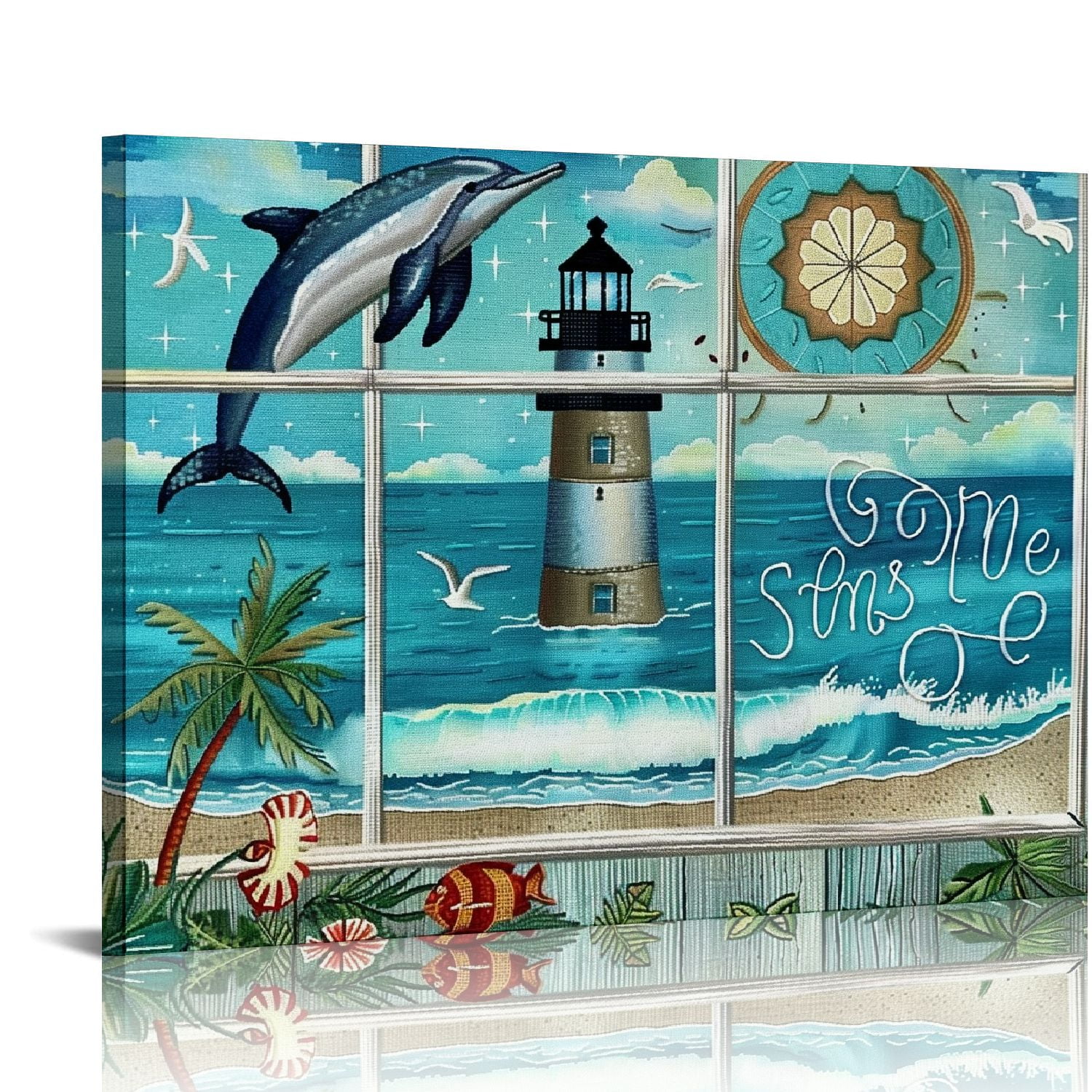 ARISTURING Beach Dolphins Decor Wall Art Coastal Dolphin Lighthouse ...