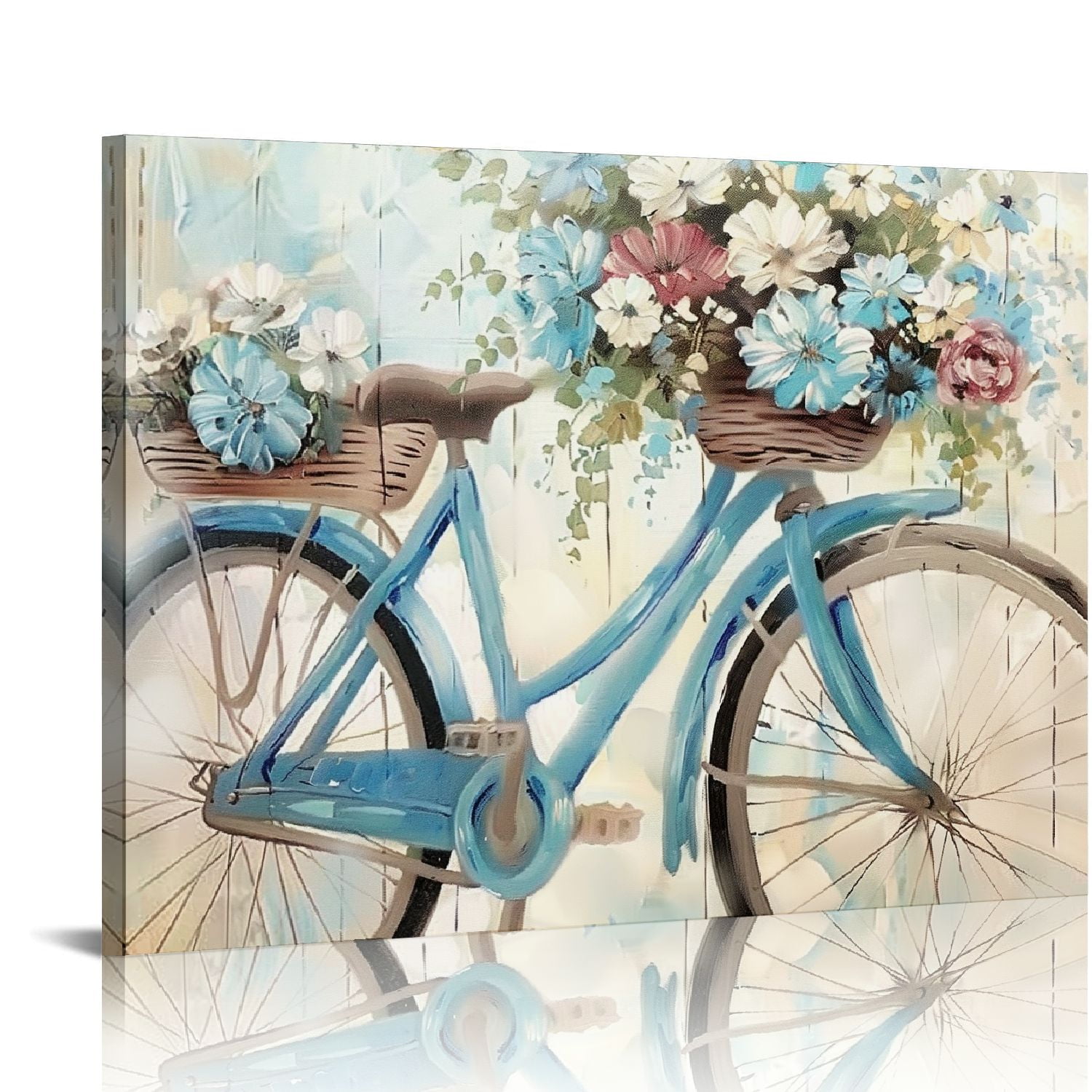 ARISTURING Bicycle Canvas Wall Art Bike Flower Picture Print Teal Bike Blooming Floral Painting ...
