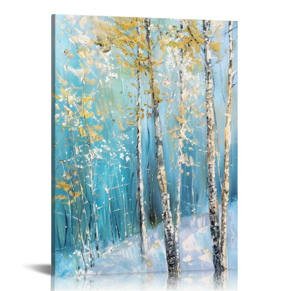 ARISTURING Birch Tree Canvas Wall Art Painted Teal and White Color ...