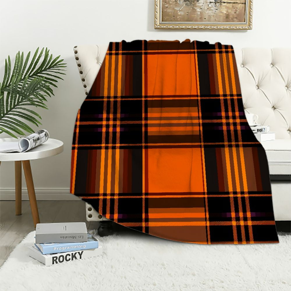 ARISTURING Black and Orange Buffalo Plaid Throw Blanket for Couch, Soft ...