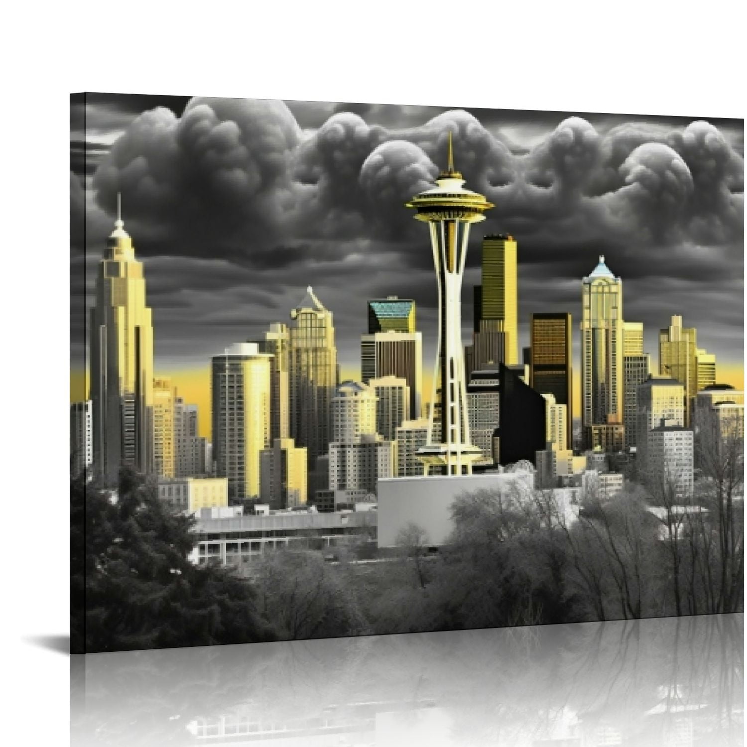 ARISTURING Black and White City Canvas Wall Art Seattle at Gold Sunset ...