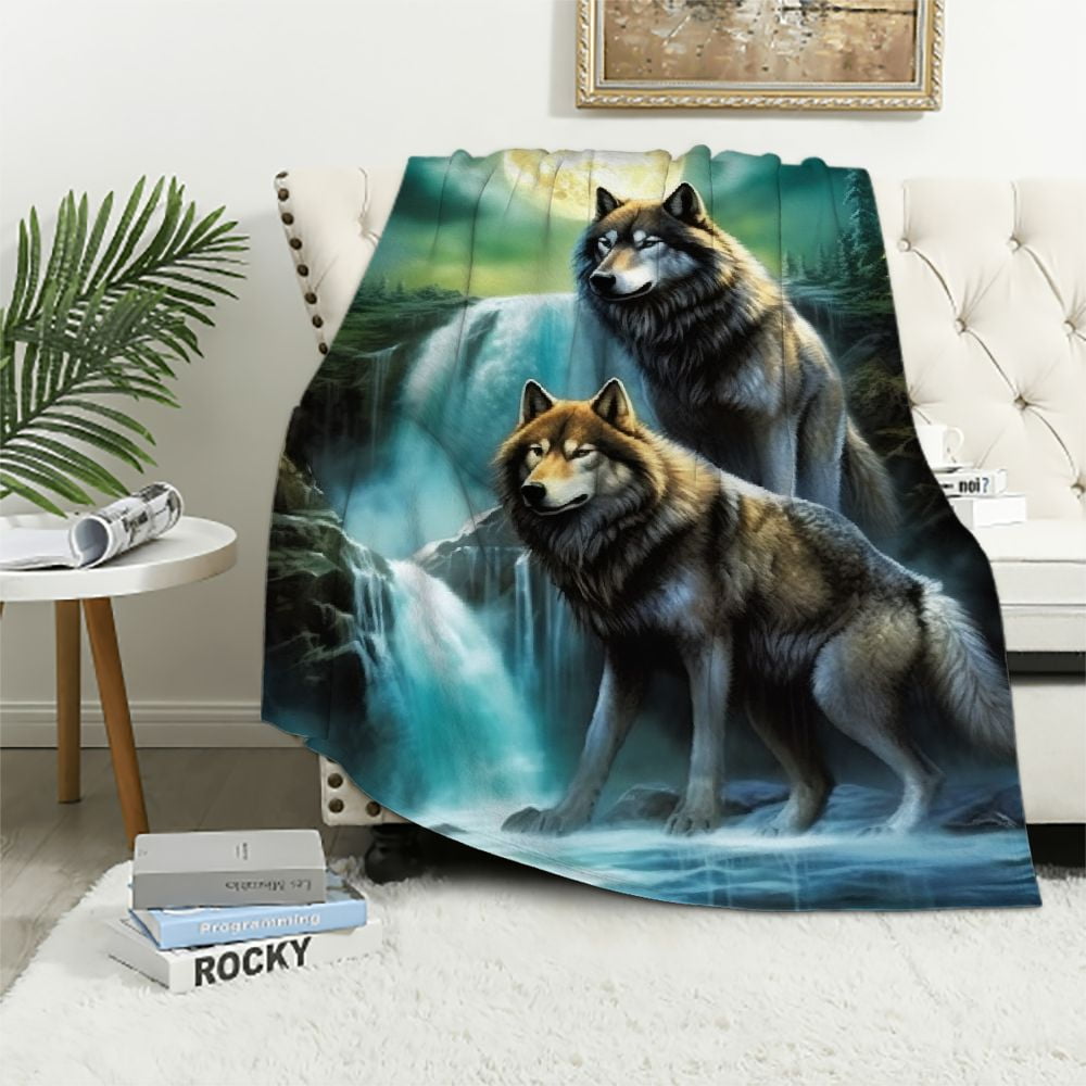 ARISTURING Blanket Soft Fluffy Throw for Sofa Bed Moon Wolf Green ...
