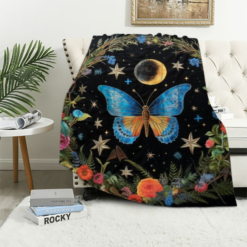 ARISTURING Blue Butterfly Moon Flower Throw Blanket, Botanical Floral ...