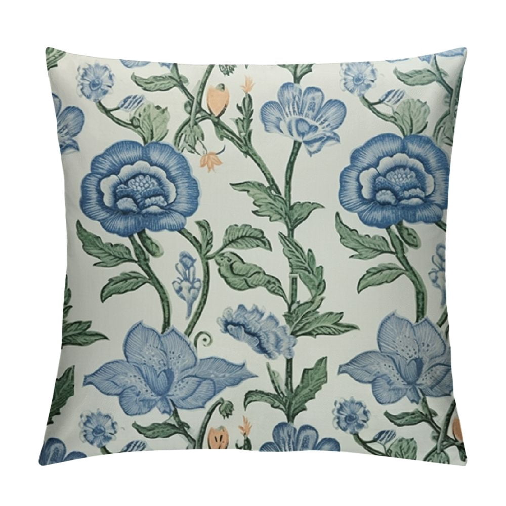 ARISTURING Blue Floral Block Print Pillow Covers Blue Green Chinoiserie ...