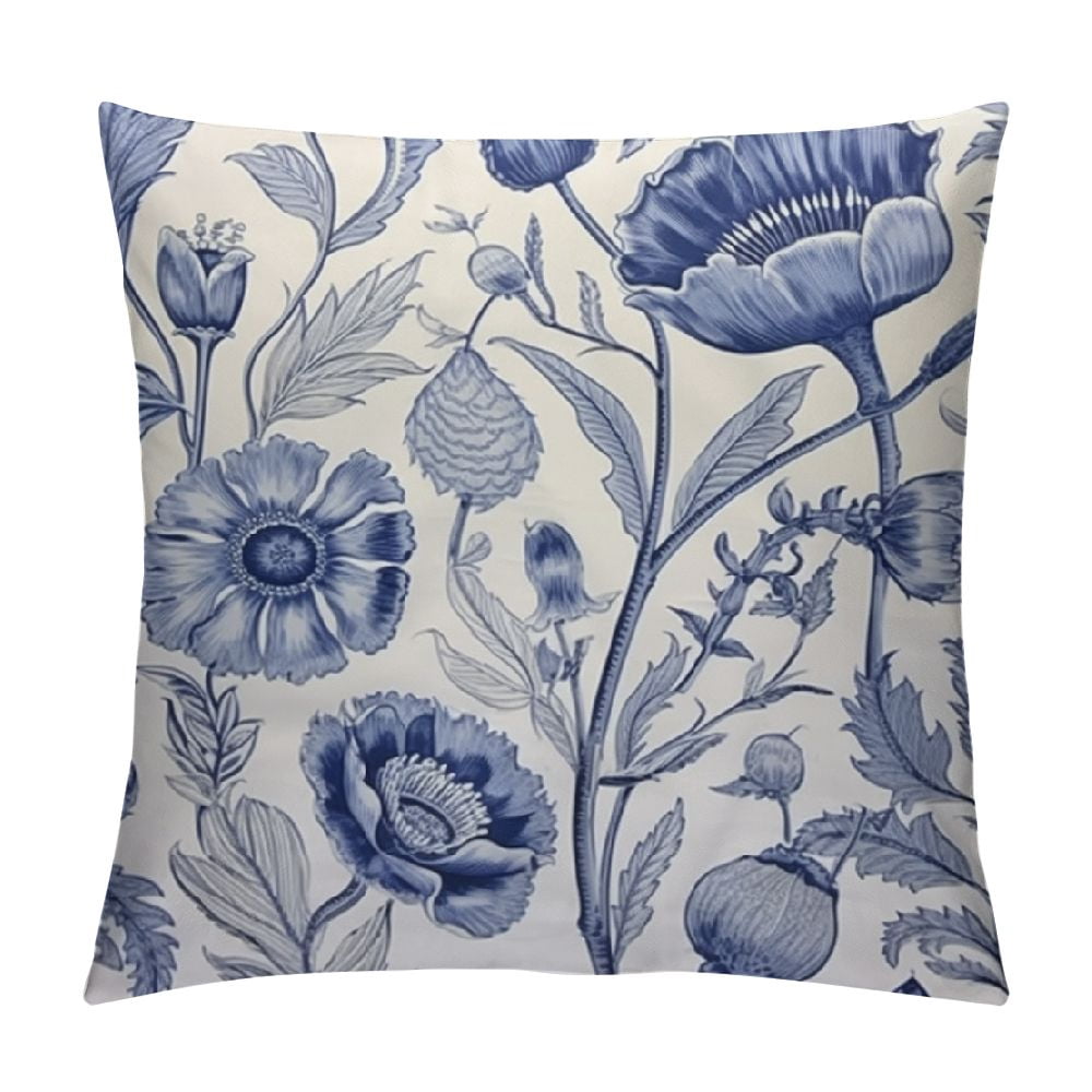 ARISTURING Blue Floral Pillow Covers, Blue and White Throw Pillows ...