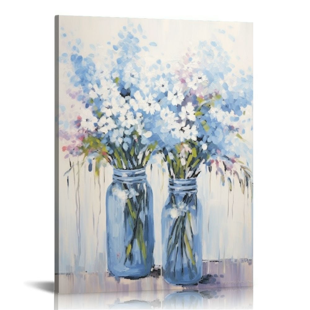 ARISTURING Blue Flowers Canvas Wall Art: Abstract Bouquet in Vase ...