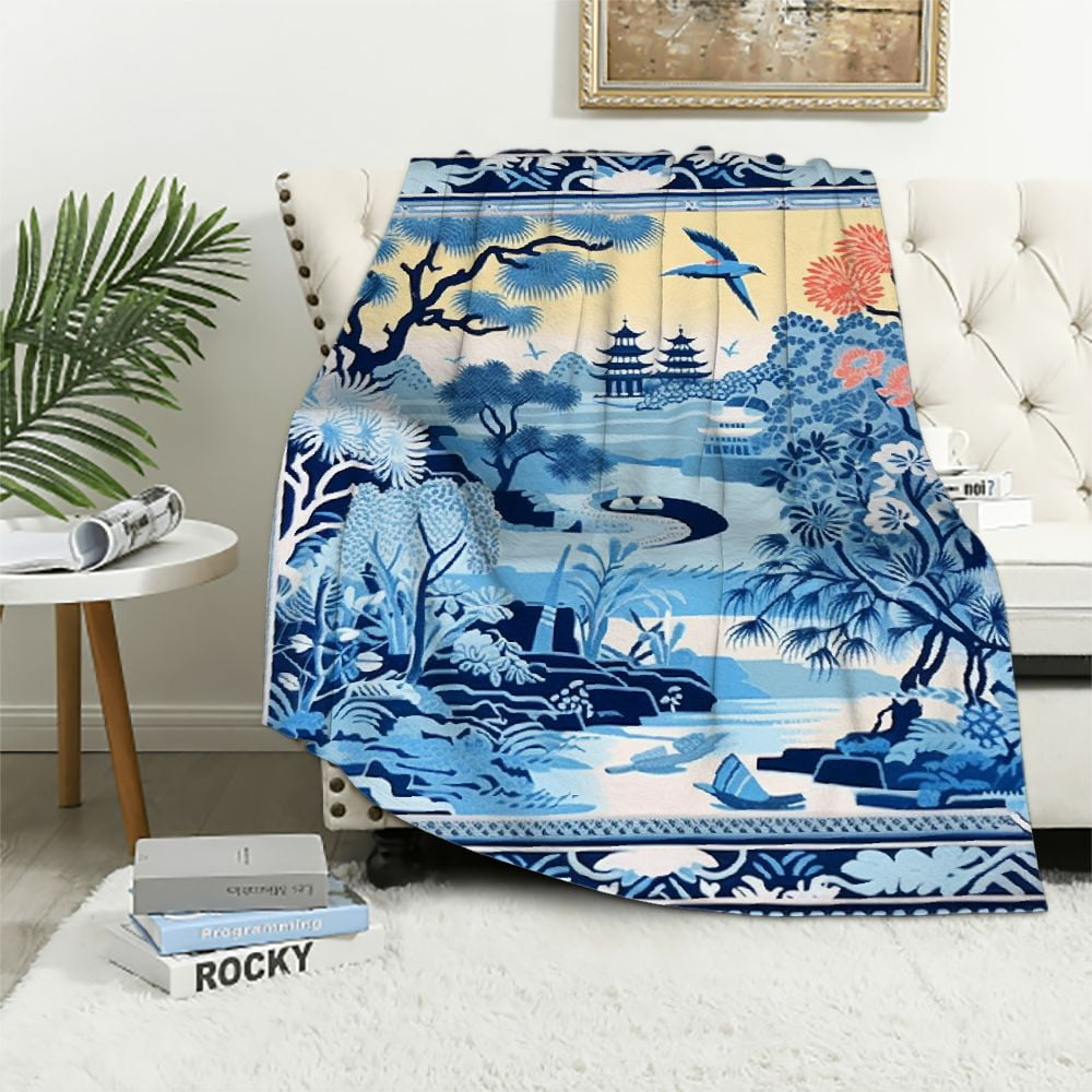 ARISTURING Blue Willow Blanket - Asian Gift Throw Woven from Cotton ...