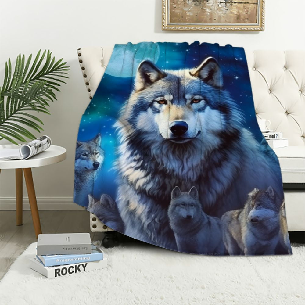 ARISTURING Blue Wolf Throw Blanket Winter Wolves Animal Comfy Reversible Blanket Lightweight ...