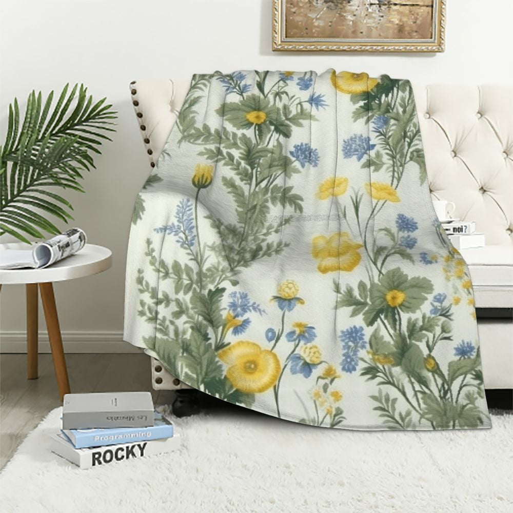 HENGT Blue Yellow Flower Floral Blanket, Soft Blankets Flannel Bed ...