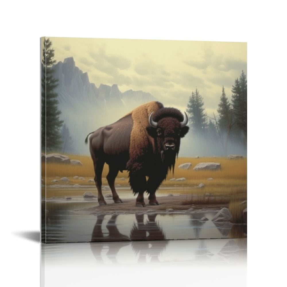 ARISTURING Brown Bison Running, Wildlife Artistic Wall Art, Framed ...