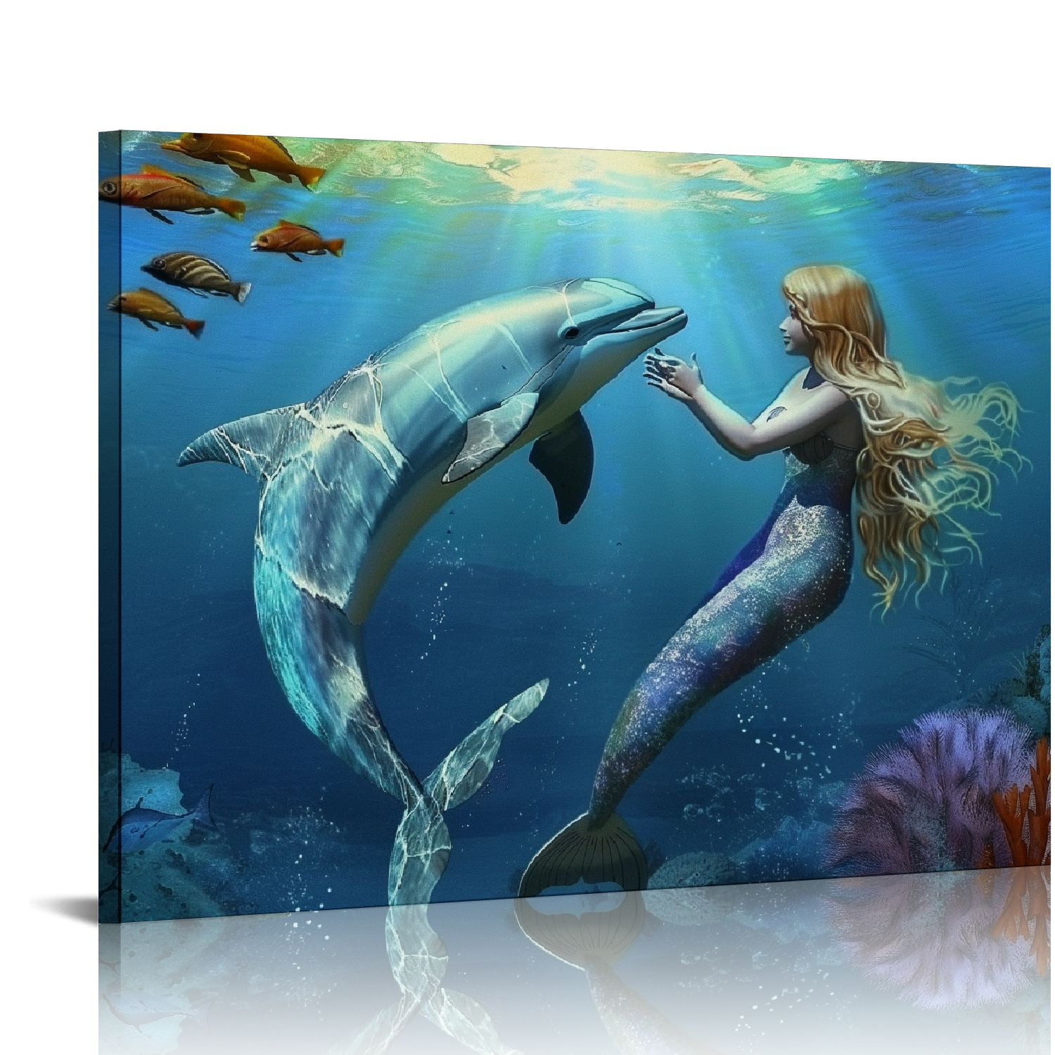 ARISTURING Canvas Print Wall Art 3D Dolphin and Mermaid Under The Sea ...