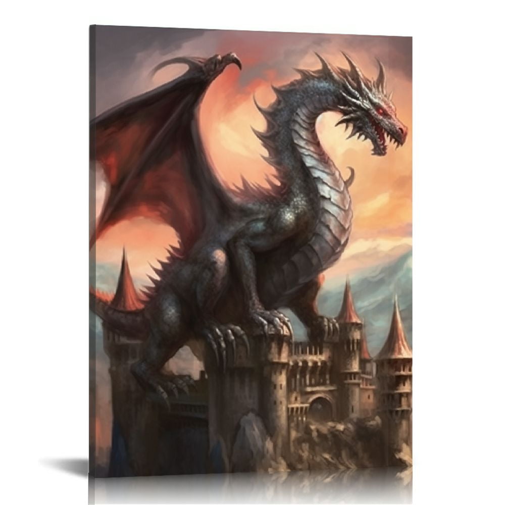 ARISTURING Canvas Print Wall Art Set Mystic Dragon Captures Castle ...