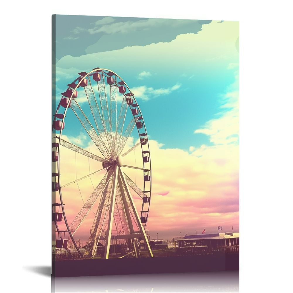ARISTURING Canvas Print Wall Art View of Ferris Wheel Blue, Pink Yellow ...