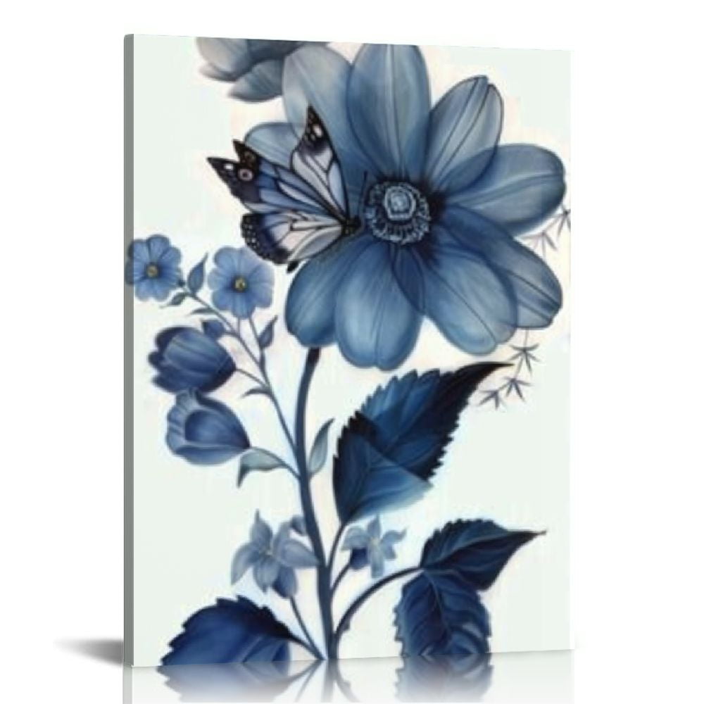ARISTURING Canvas Wall Art Navy Flower Painting Art Prints Blue Floral ...