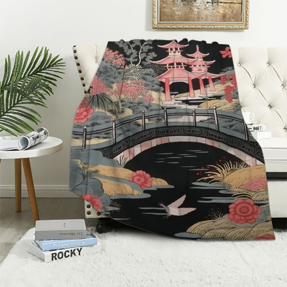 ARISTURING Chinoiserie Charcoal Coral Pagoda Bed Throws Blankets ...