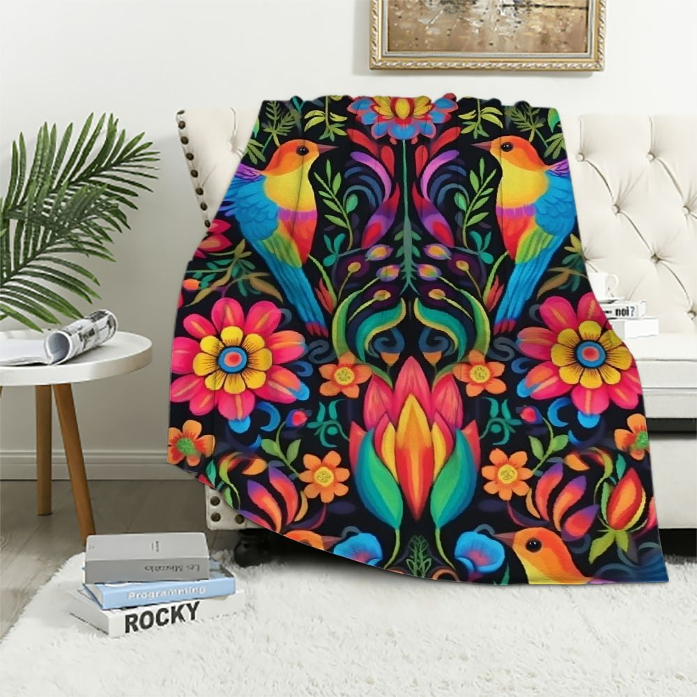 Jiayy Colorful Mexican Floral and Bird Blanket, Flannel Blanket Fluffy ...