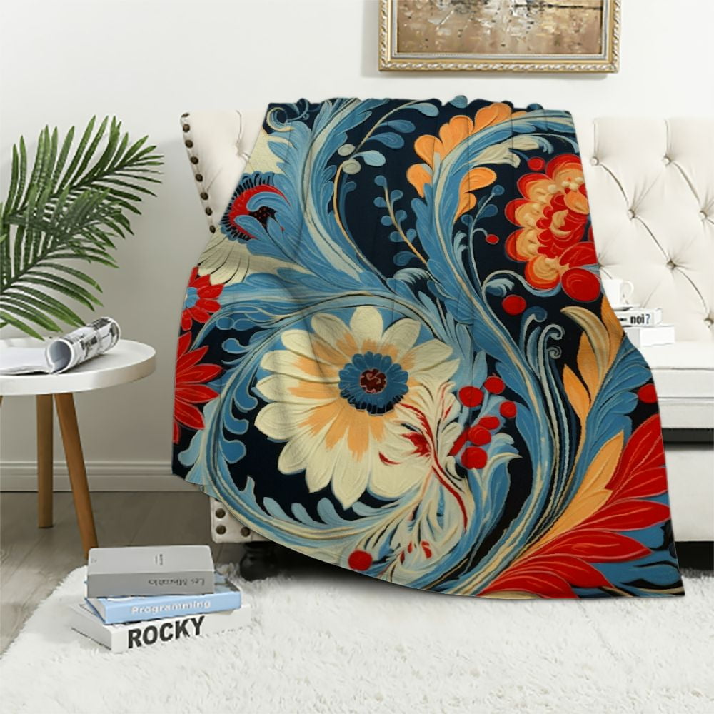 HENGT Colorful Spiraled and Curved Flower Throw Blanket, Baroque Floral ...